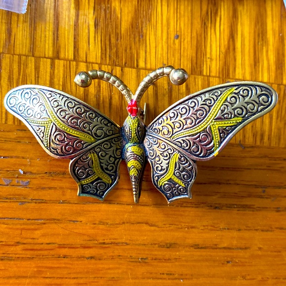 Spain | Jewelry | Vintage Damascene Black Enamel Gold Tone Butterfly ...